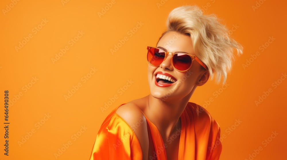 Blond young happy and funny woman laughing wearing 80s fashion in ...