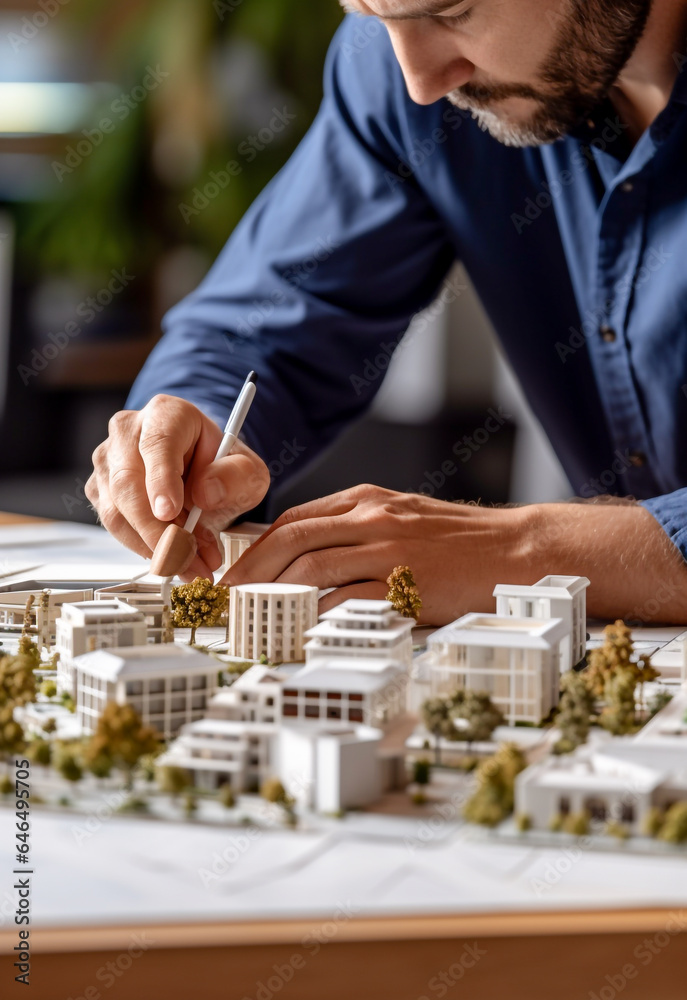 The close-up of an architect who is making a model for a real estate ...