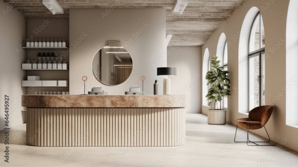 Luxury hairdressing and beauty salon, Beige modern barbershop interior ...