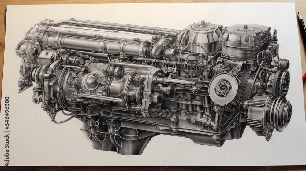 blueprint style technical drawing and illustration of a v6 engine gas ...