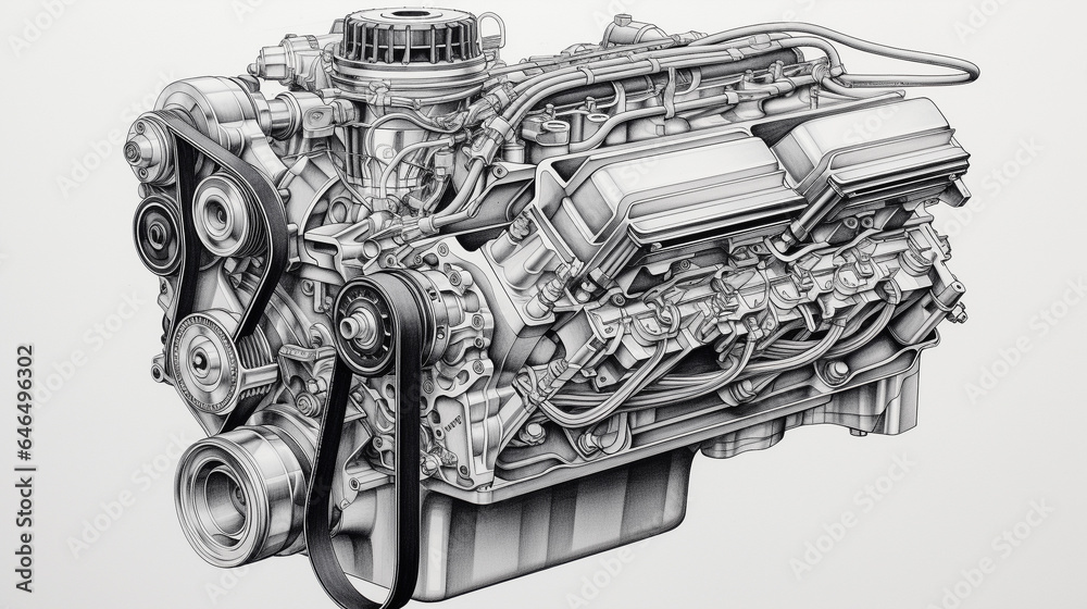blueprint style technical drawing and illustration of a v8 engine gas ...