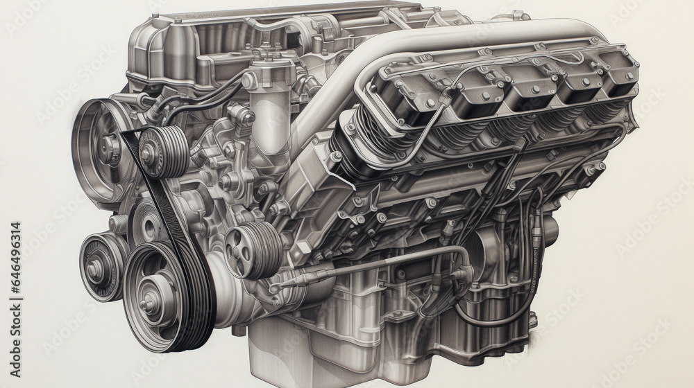blueprint style technical drawing and illustration of a v8 engine gas ...