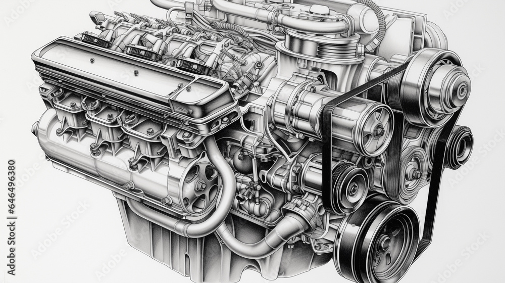 blueprint style technical drawing and illustration of a v8 engine gas ...