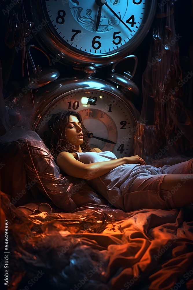 AI-generated image of a young woman lying in bed with clocks in the ...