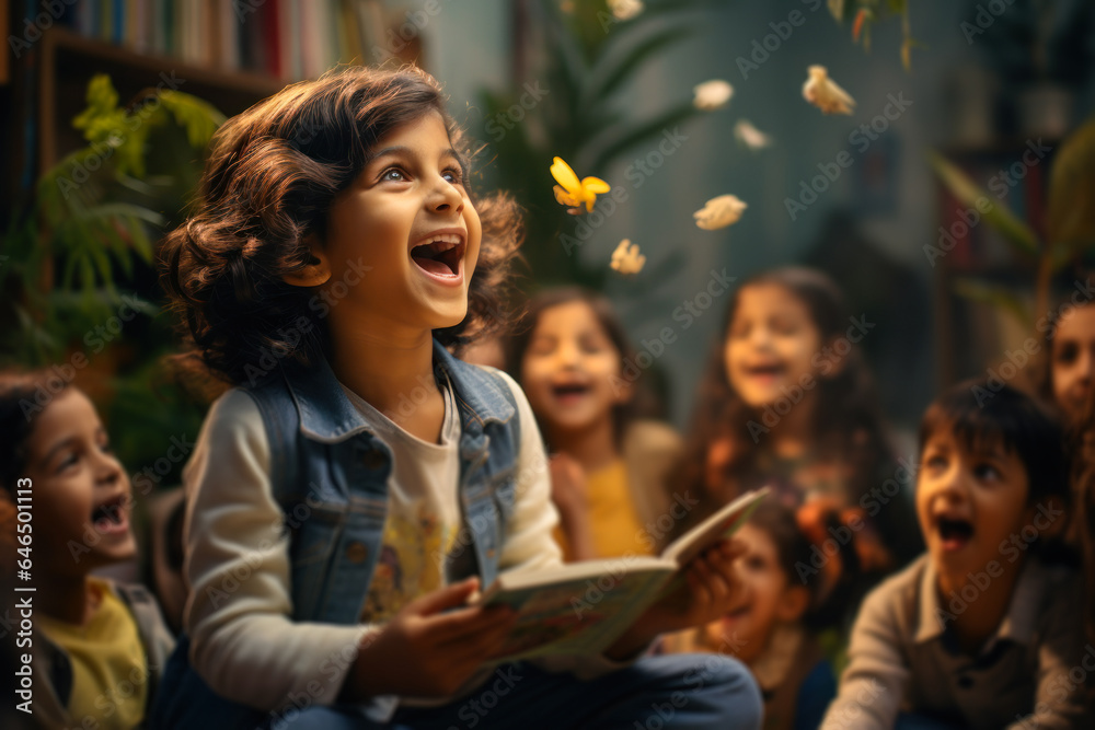 little girl reading a fairy tale with friends generative ai Stock Photo ...