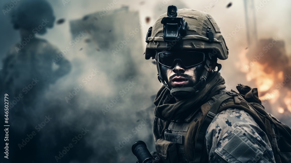 Military soldier making contact with Command Center between smoke in ...