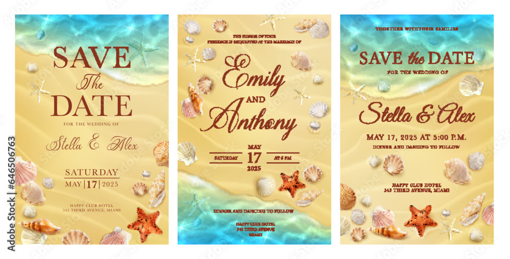 Wedding invitations. Realistic beach wave and seashells. Vector summer ...