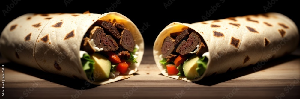 Two parts of Eastern cheesy shawarma with layers of chicken meat ...