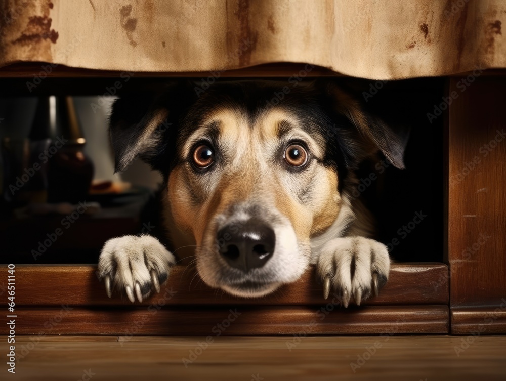 Scared dog hiding under furnature from loud noises. Generative AI Stock ...