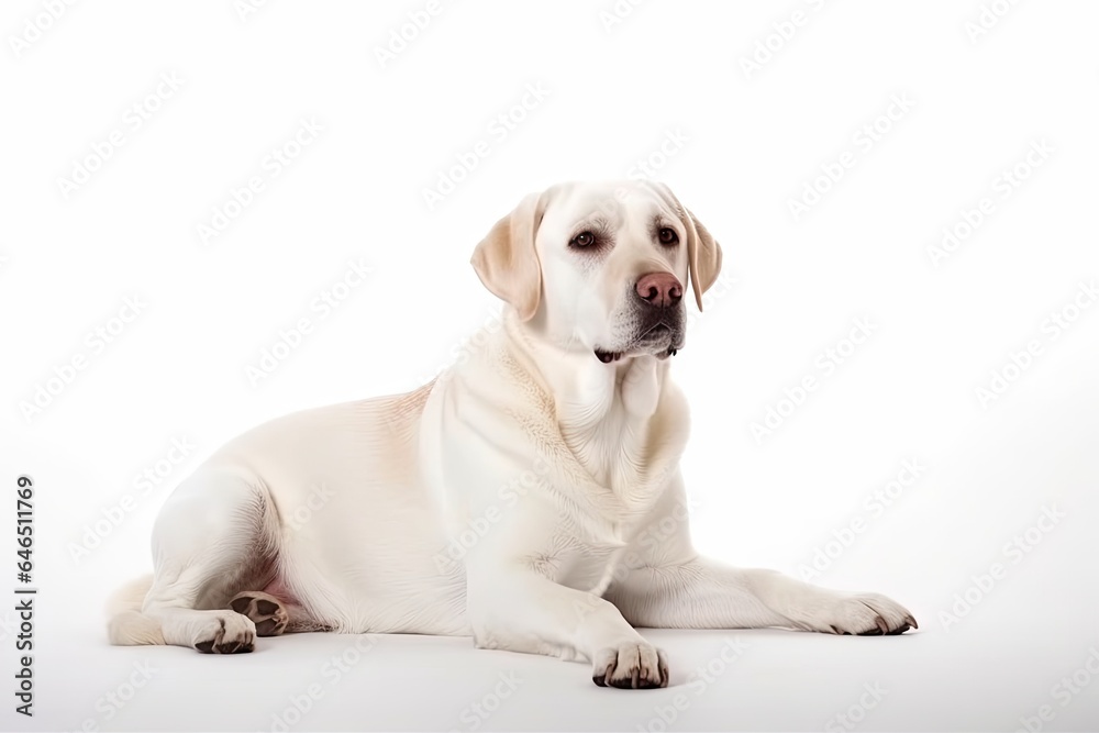 White Labrador Retriever dog lying down on a white background with its ...