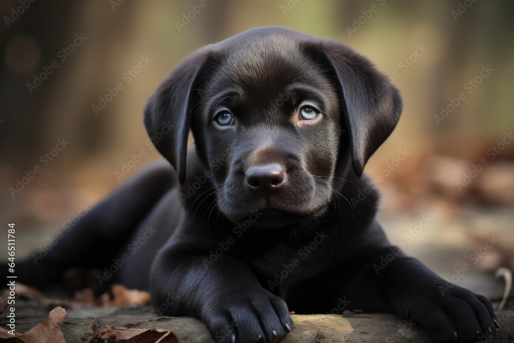 Black Labrador Retriever puppy lying on the ground in a forest setting ...
