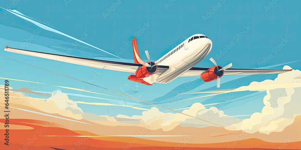 White airplane with red engines flying in a blue sky with orange clouds ...