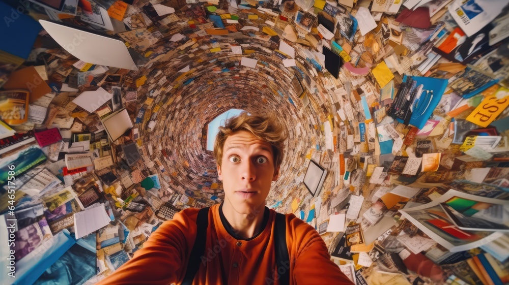 Overwhelming information data explode out of head of young human brain ...