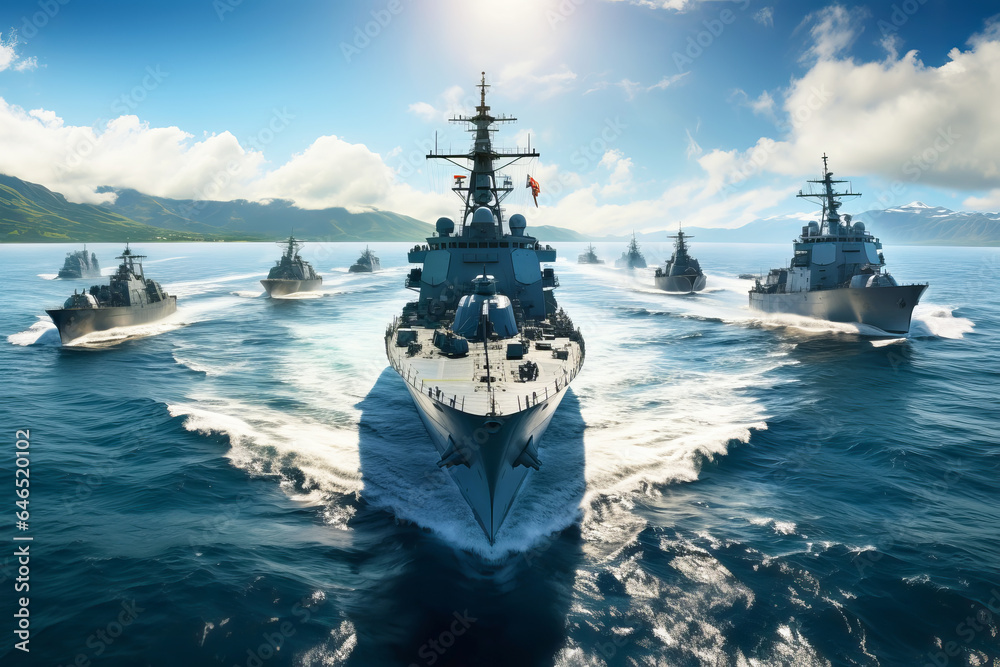 Modern military naval warships in open sea. Military naval exercises ...