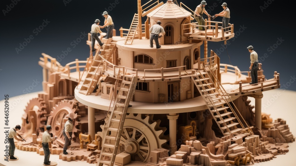 Group of toy plastic workers building large industrial mechanical ...