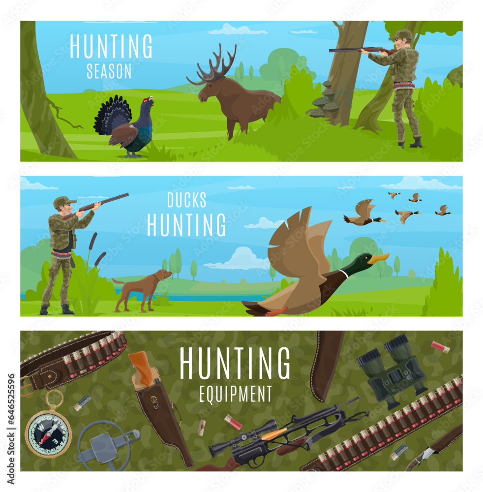 Hunting sport equipment and animals. Vector hunter characters with dog ...