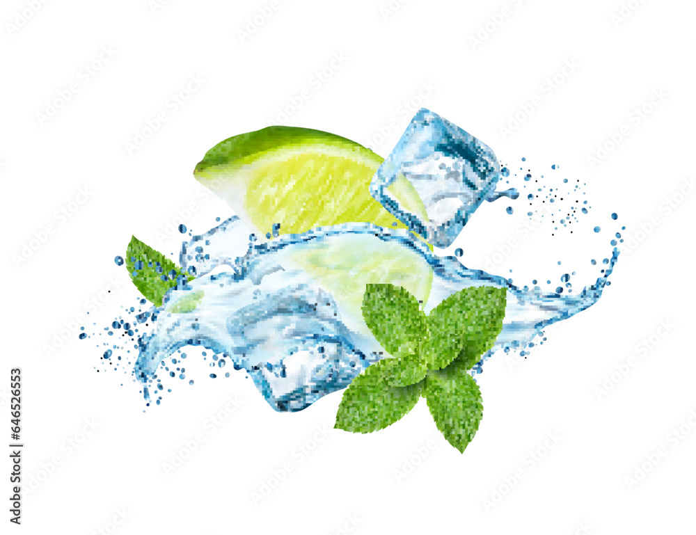 Water splash with lime, ice cubes and mint leaves. Mojito drink swirl, wave or flow with ...