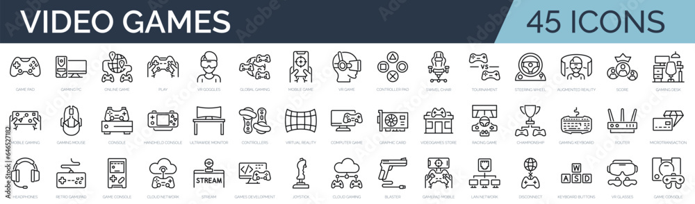 Set of 30 outline icons related to video games, online gaming. Linear ...