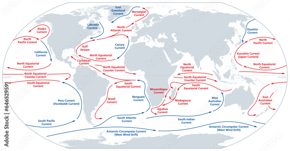 World map of major ocean currents. Continuous, directed movement of ...