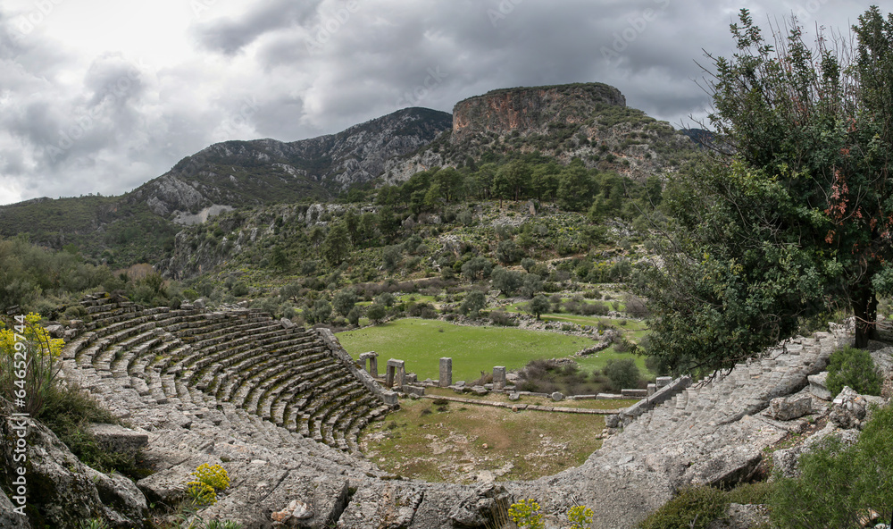 Full bowl of the ancient amphitheater of Pinara top view. Multi-level ...