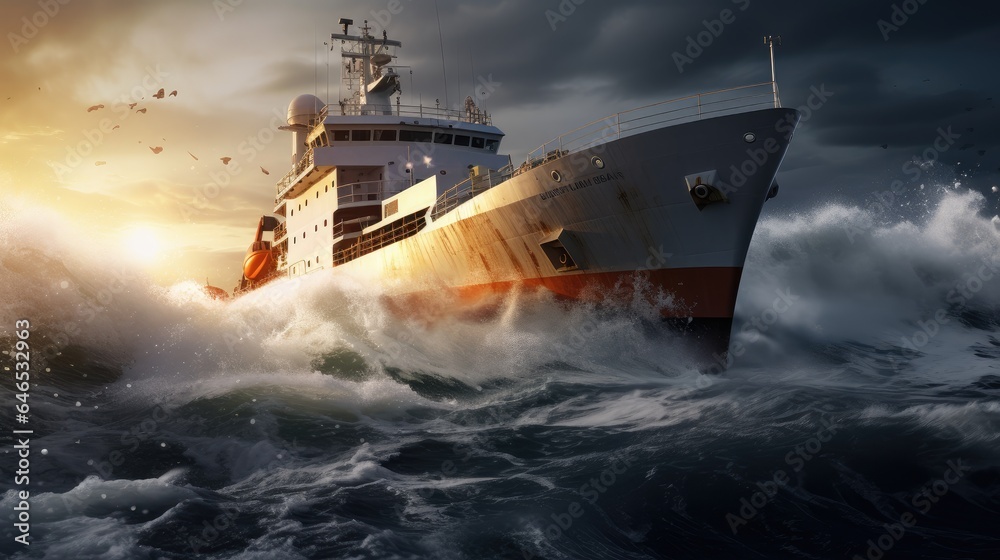 marine transport vessels in various weather conditions, from tranquil ...