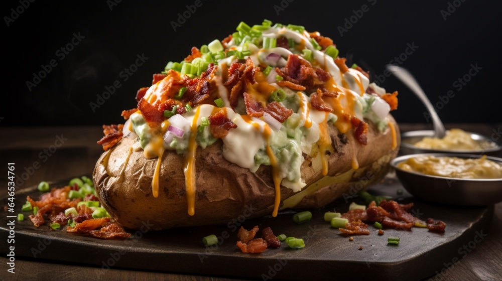 A hearty, loaded baked potato topped with all the fixings Stock Photo ...