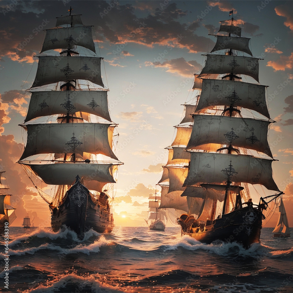 Barcos piratas en el mar con el atardecer de fondo Stock Photo | Adobe ...