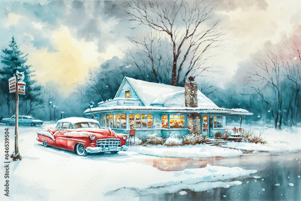 The exterior of an American diner building from about the 50's or 60's ...