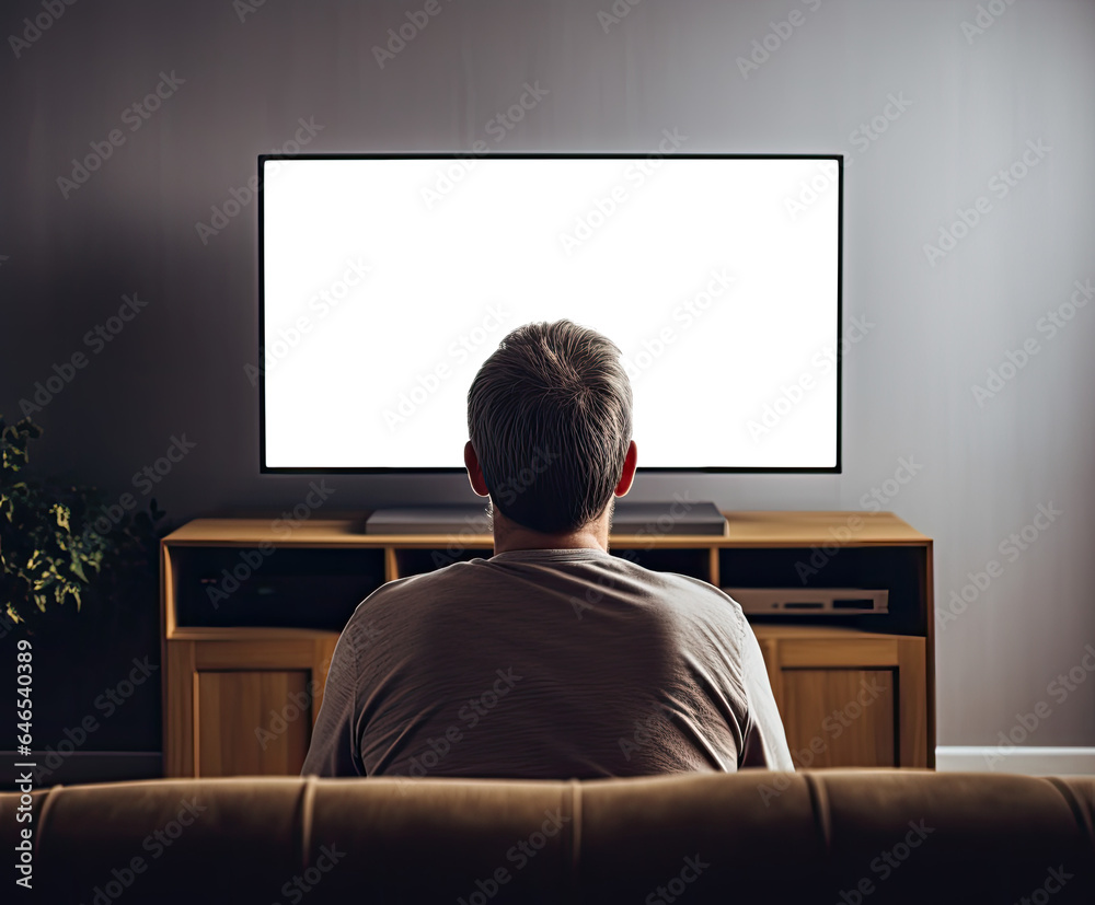 Man in a sofa staring at a TV on a wall with transparent texture ...