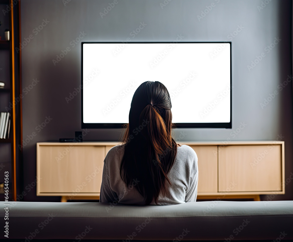 Woman in a sofa staring at a TV on a wall with transparent texture ...