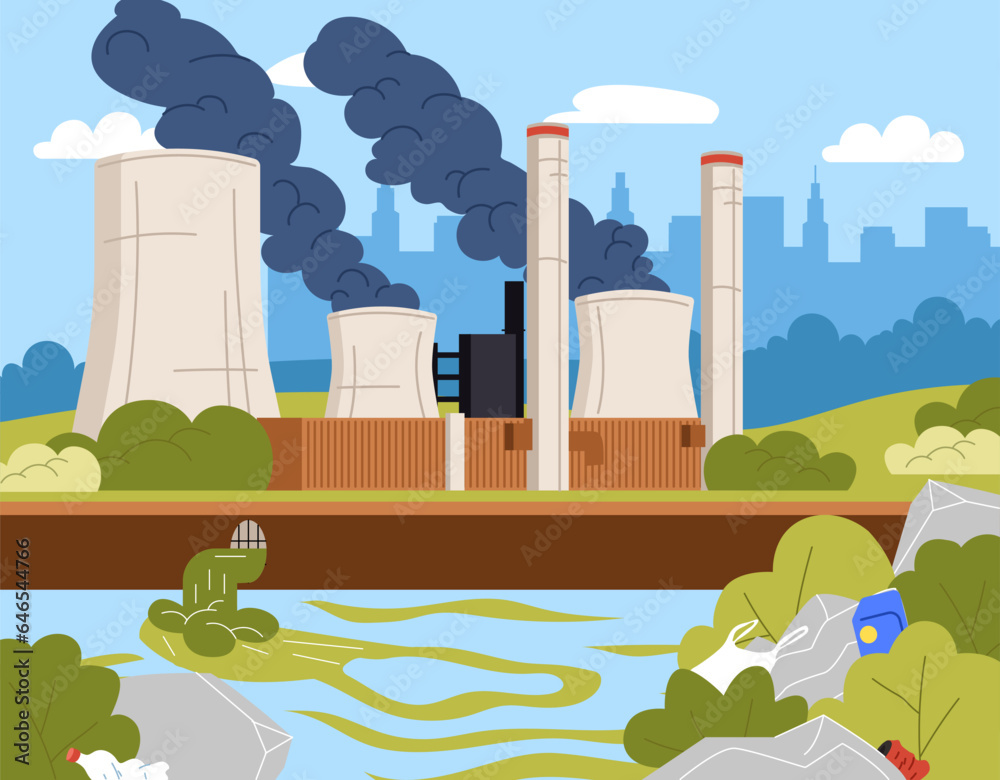 Emissions from factories concept. Dirty production and release of waste ...