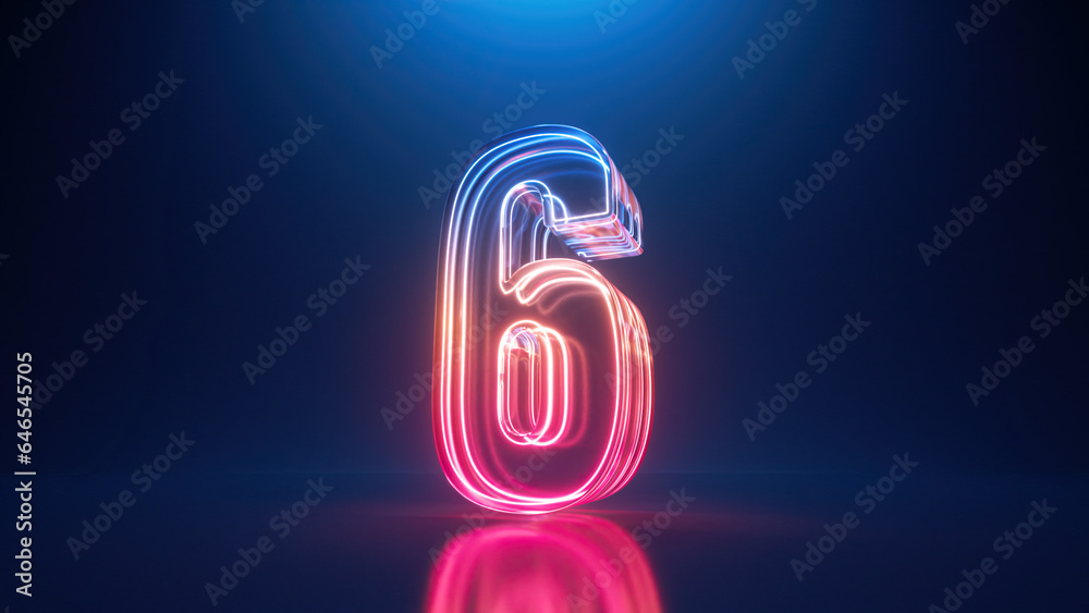 3d render, digital neon number six. Glass symbol with glowing linear ...