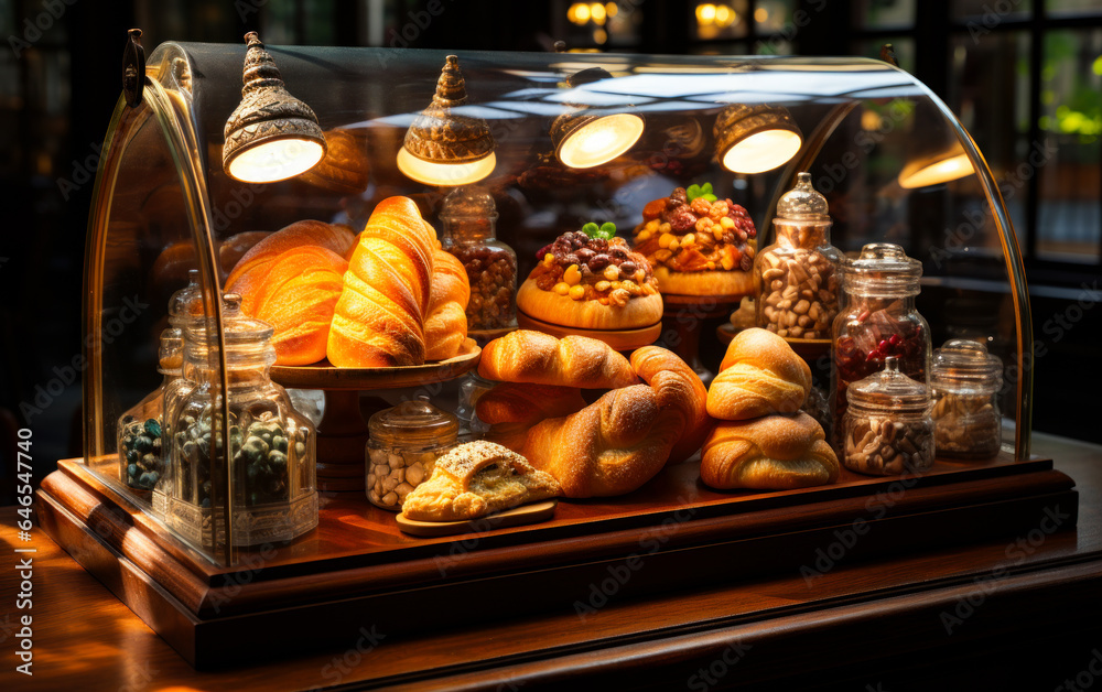 Selection of breads and pastries in a display case. A display case ...