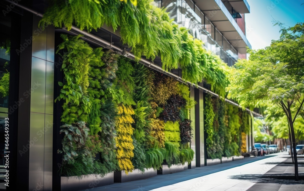 High-tech vertical garden installed on the side of a city building ...