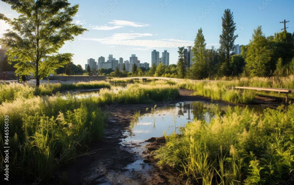 Rewilded wetland area within a city park, featuring a mosaic of wetland ...