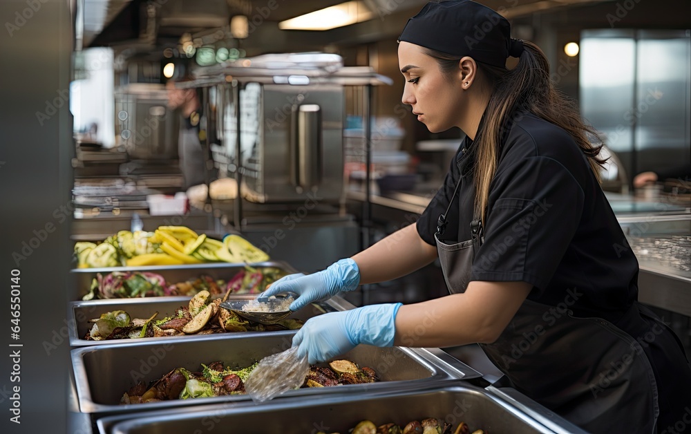Young woman separating food waste for composting, demonstrating the ...