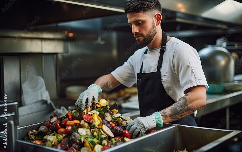 Young man separating food waste for composting, demonstrating the ...