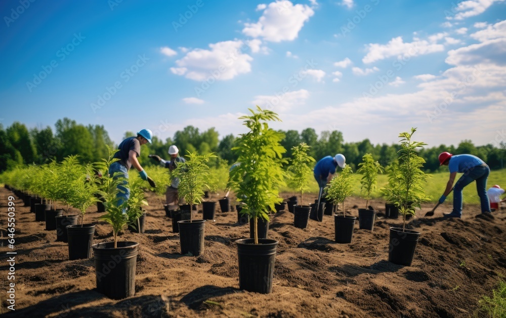 Group of volunteers planting trees and creating a green urban park as ...