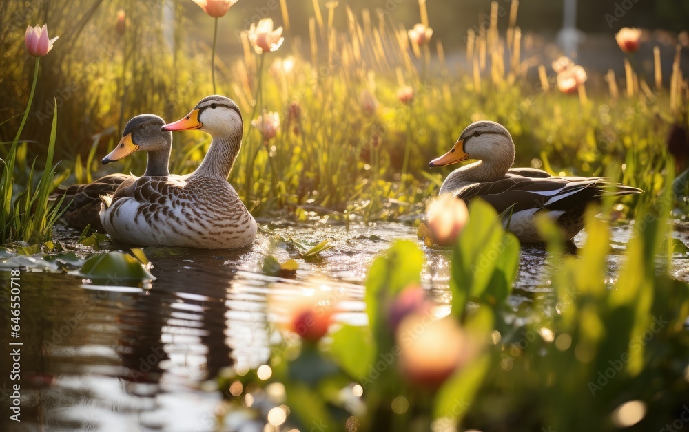 Ducks swimming in an urban pond in a city park, home to a variety of ...