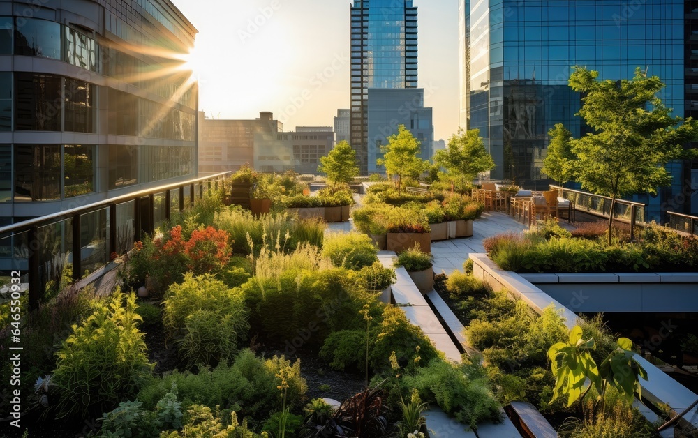 Rewilded rooftop garden on a city skyscraper, featuring native plants ...