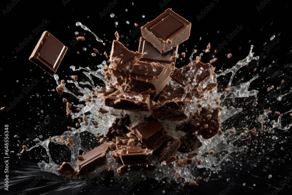 Chocolate bar exploding in water, creating a cloud of chocolatey foam ...