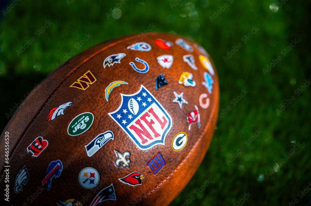 NEW YORK, USA, SEPTEMBER 11, 2023: NFL football ball, logo of national ...