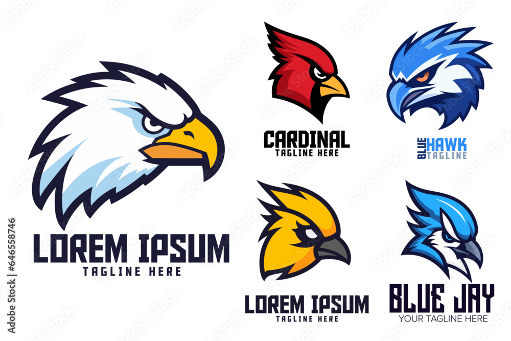 Bird head logo set for sport and esport. Blue bird, yellow bird, red ...