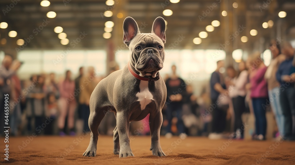 Pedigreed purebred French bulldog dog at exhibition of purebred dogs ...