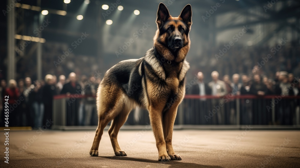 Pedigreed purebred German Shepherd dog at exhibition of purebred dogs ...