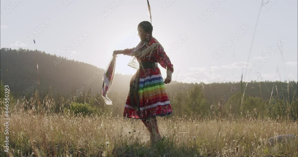 Beautiful Shot of Young Indigenous Woman Fancy Dancing In traditional ...
