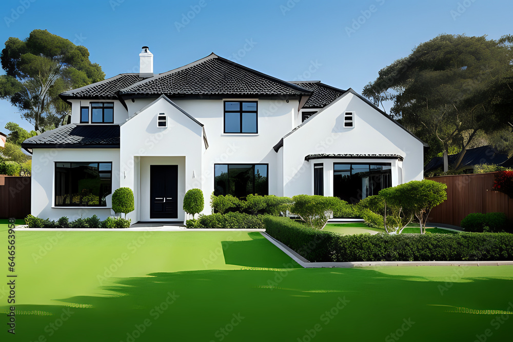 Foto de White family house with black pitched roof tiles, and beautiful ...