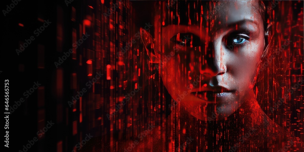 Red woman made of colorful data in the virtual reality metaverse ...
