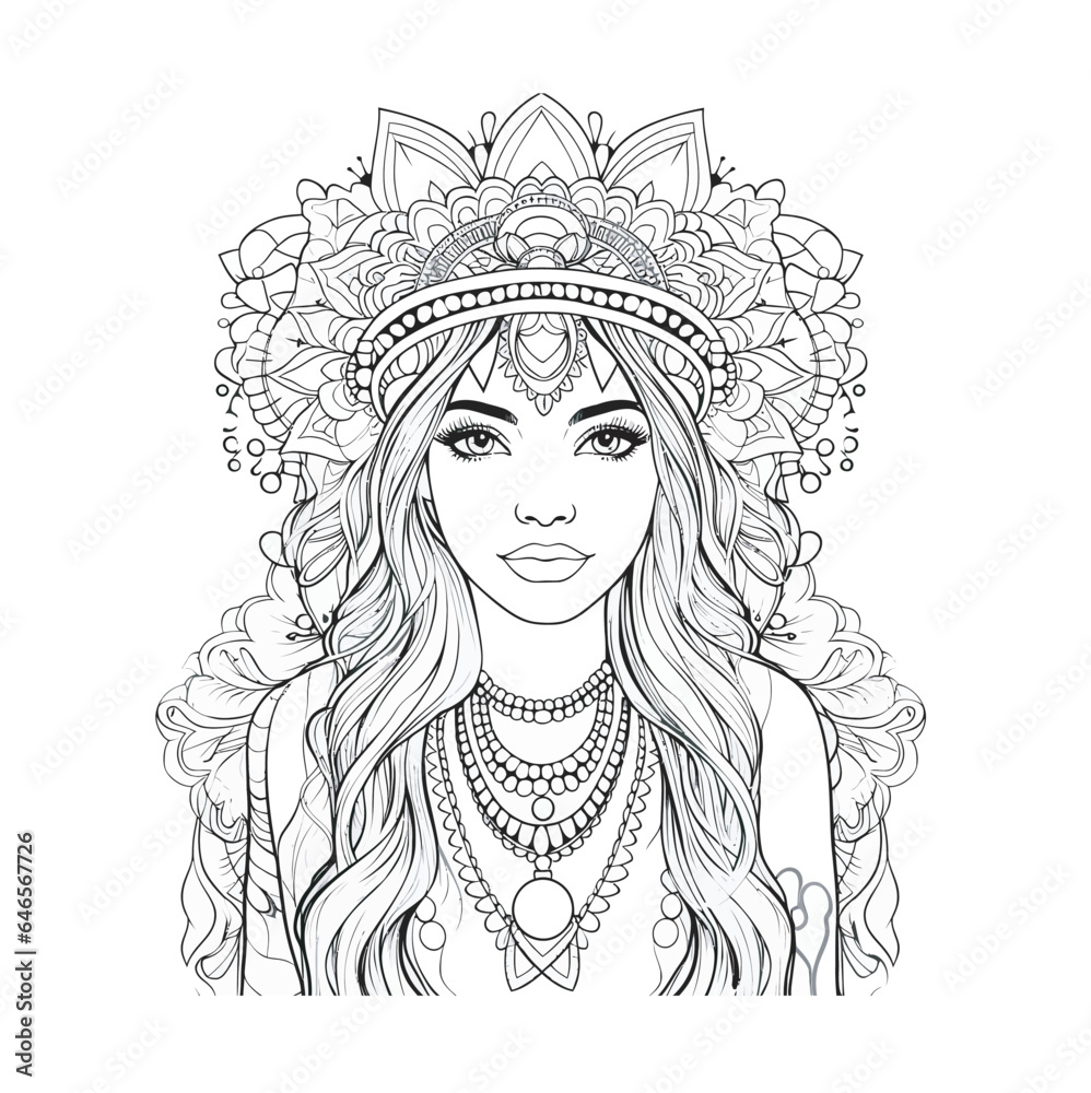 Boho style hippie only one girl coloring page for adults, simple ...