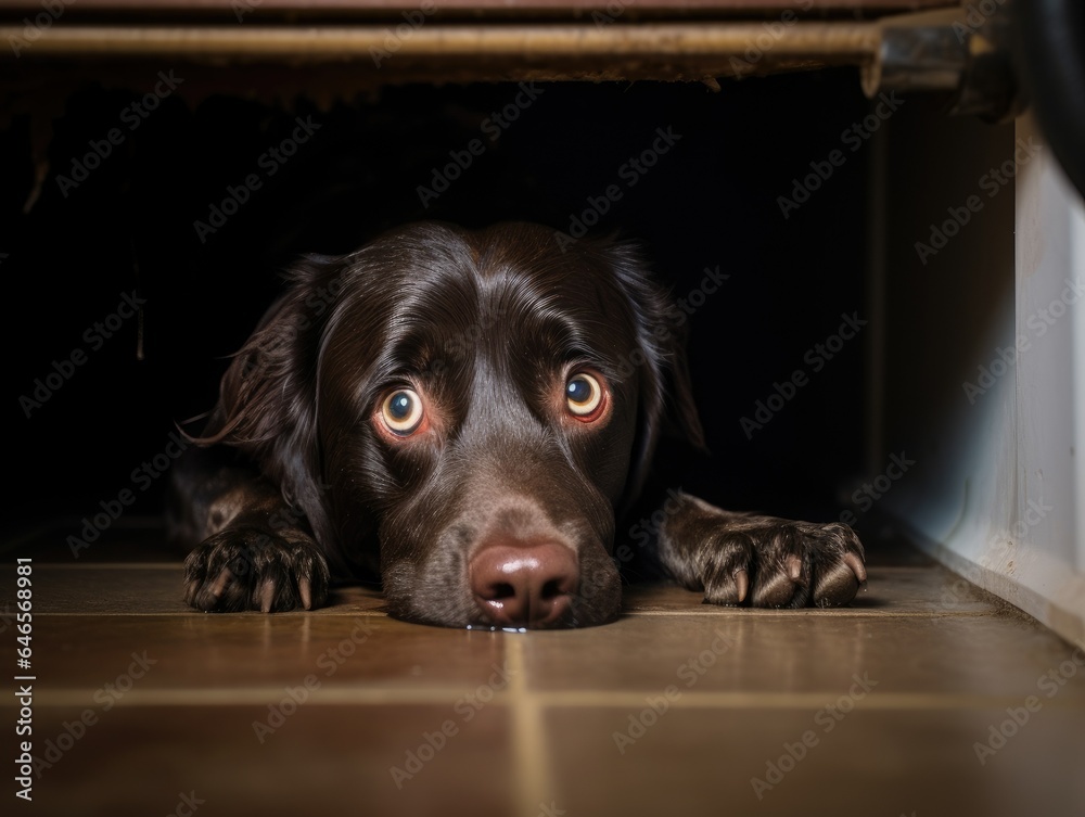 Scared dog hiding under furnature from loud noises. Generative AI Stock ...